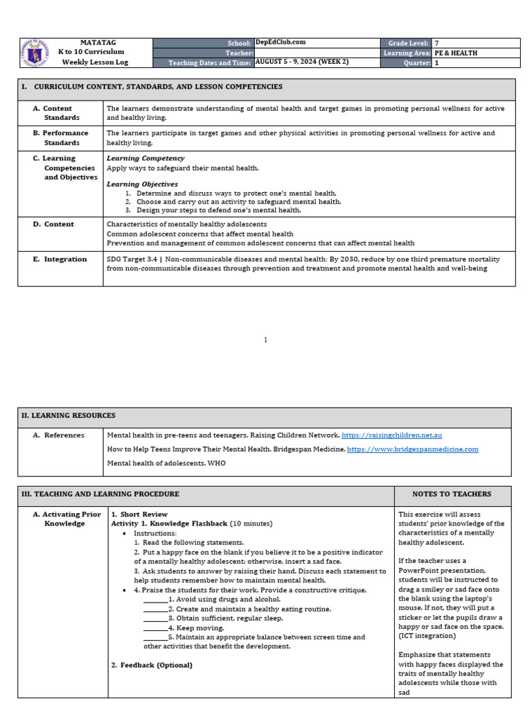DLL Matatag - Pe & Health 7 q1 w2 | PDF | Mental Health | Learning