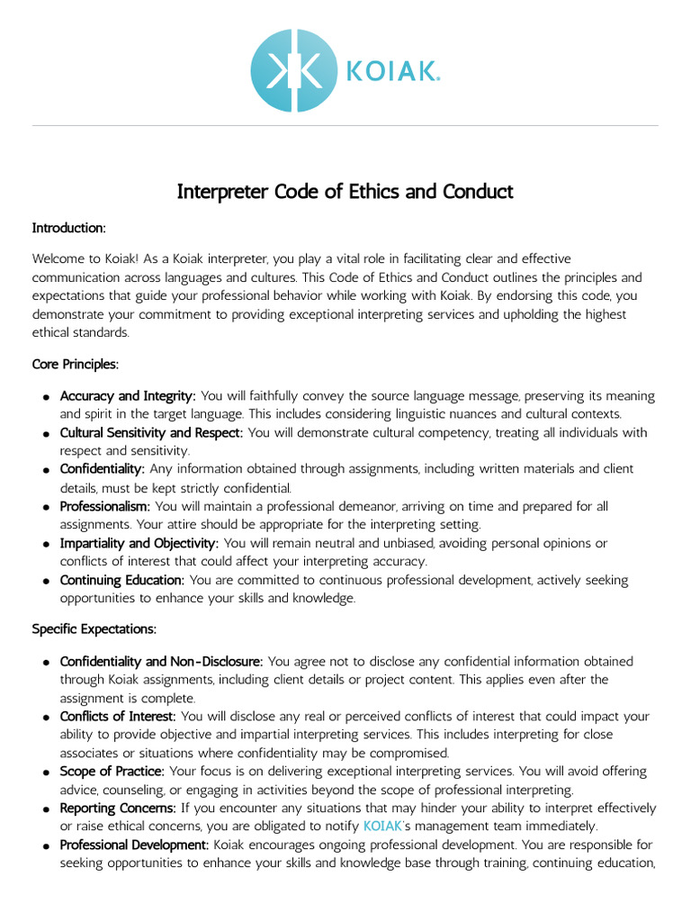 KOIAK - Code of Ethics and Conduct | PDF | Confidentiality | Conflict Of Interest