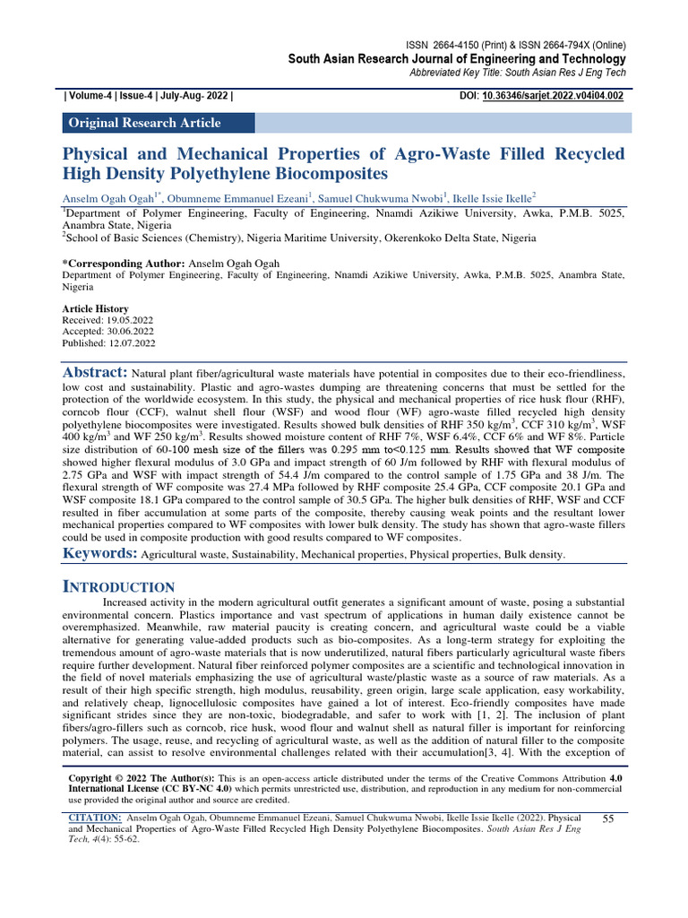 Agro-Waste in Recycled HDPE Composites | PDF | Composite Material | Fibers