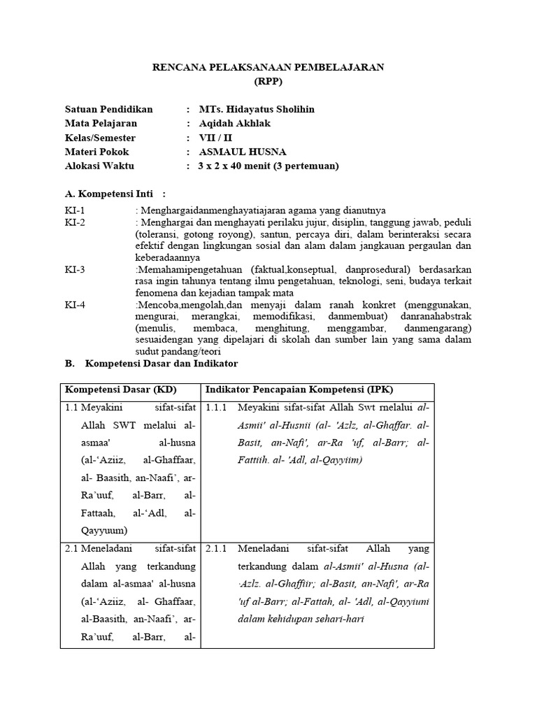 RPP Akidah Akhlak Kelas 7 MTs | PDF
