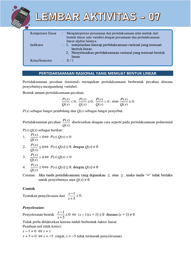 LEMBAR AKTIVITAS 7 - Persamaan Rasional Yang Memuat Bentuk Linear | PDF ...