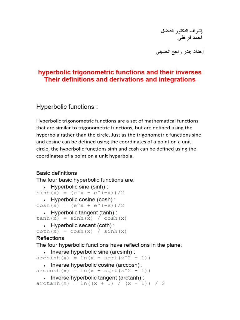 Hyperbolic Functions: Definitions & Applications | PDF | Trigonometric ...