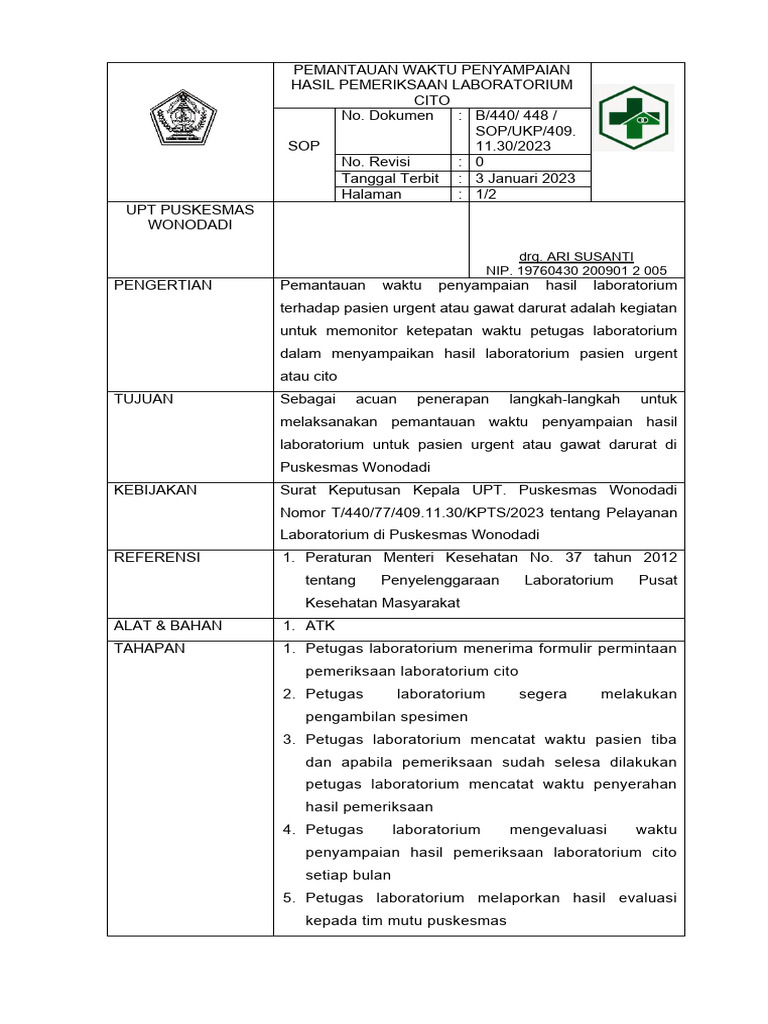 3.9.1.c 2.2 SOP Pemantauan Waktu Penyampaian Hasil Pemeriksaan ...
