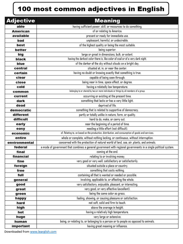 100 most common adjectives in English (www.learglish.com) | PDF ...