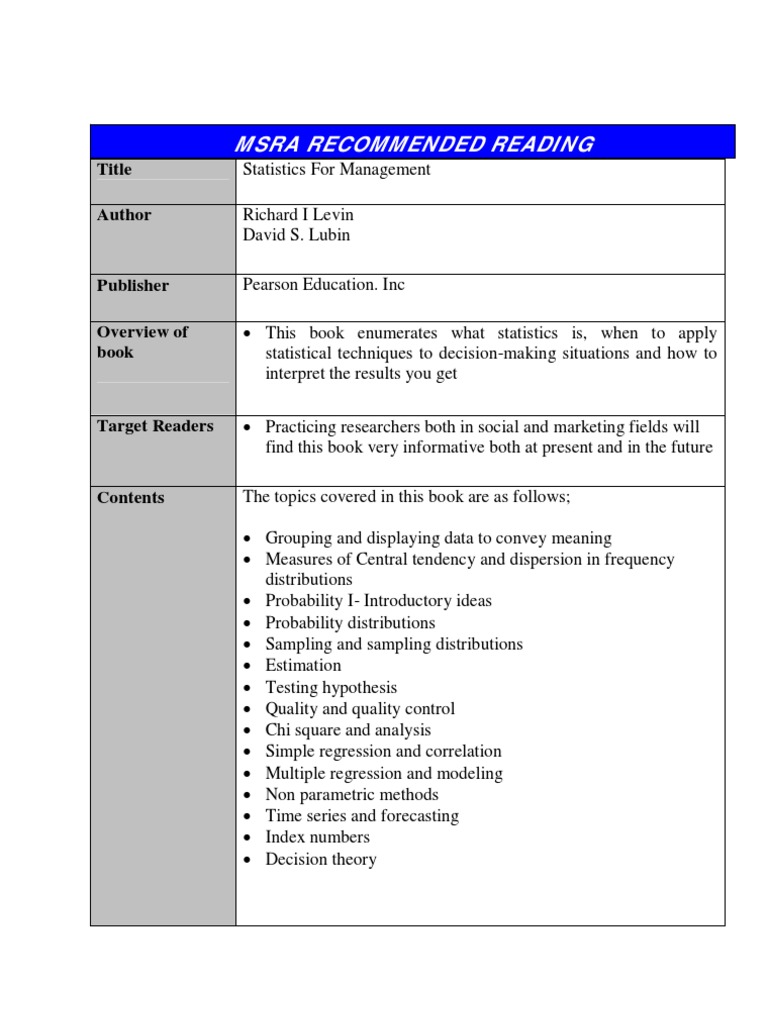 MSRA Recommended Statistics Book for Management Decisions | PDF