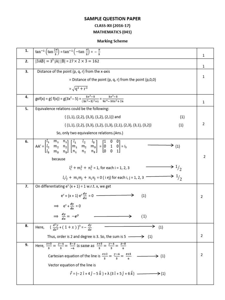 2016 Class XII Maths Marking Scheme | PDF | Geometry | Applied Mathematics