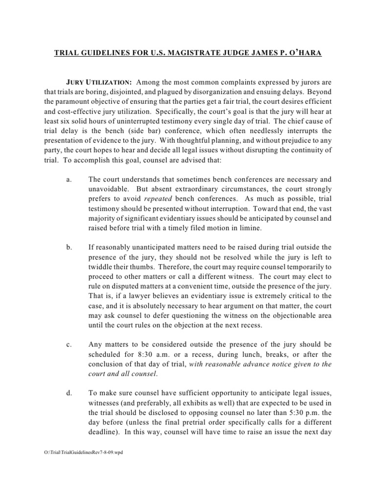 Ks Trial Guidelines Magistrate Judge James P. OHara1 | PDF | Witness ...