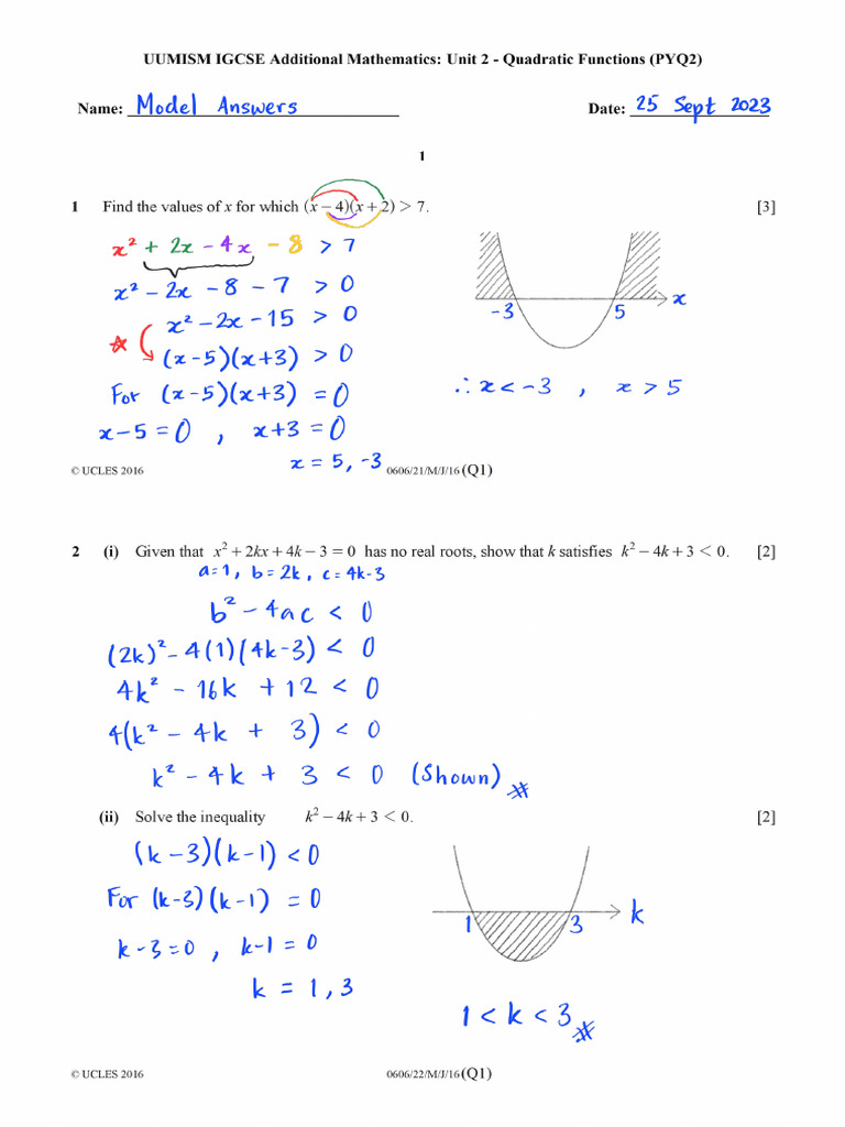 Model Ans - IGCSE Add Maths Worksheet - Unit 2 - Quadratic Functions (PYQ2) | PDF