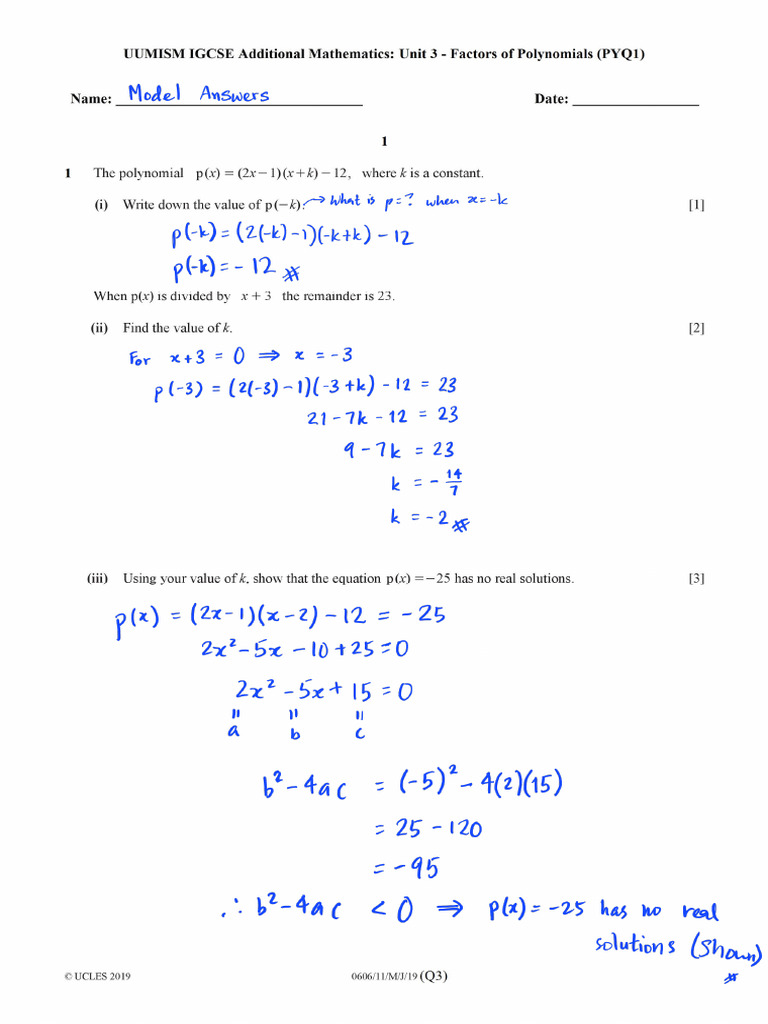 Model Ans - IGCSE Add Maths Worksheet - Unit 3 - Factors of Polynomials (PYQ1) | PDF