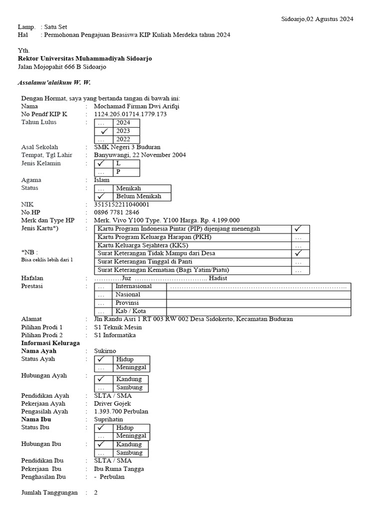 Surat Permohonan Beasiswa KIPK 2024 New 1 | PDF