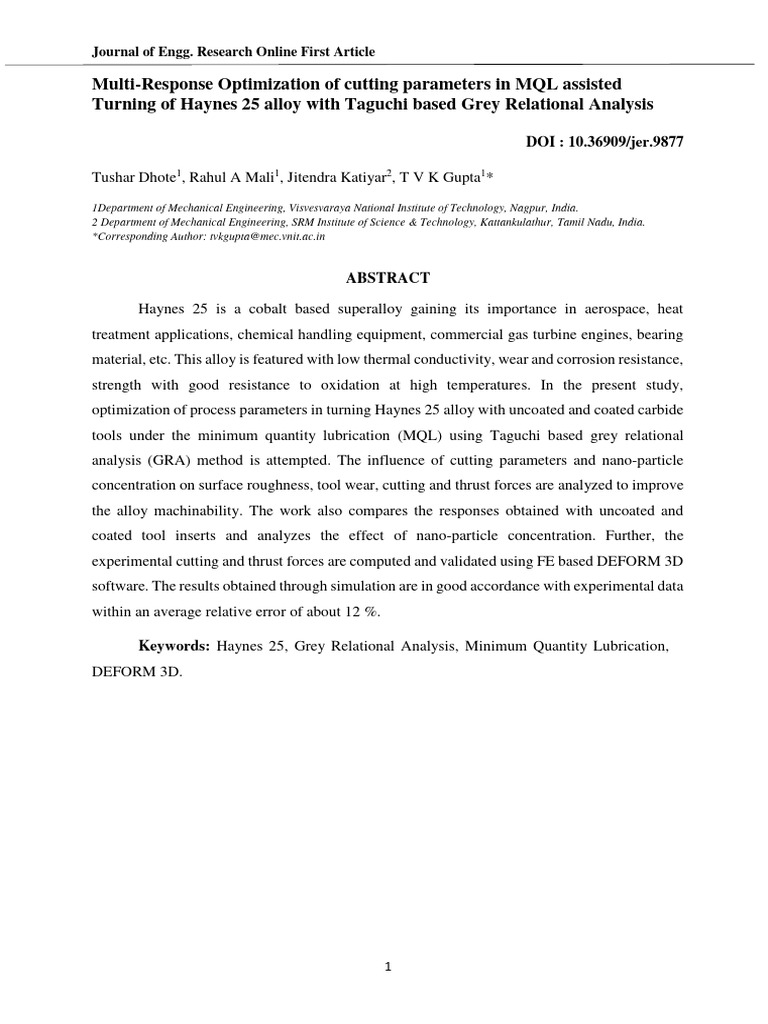 Multi-Response Optimization of Cutting Parameters in MQL Assisted Turning of Haynes 25 Alloy ...