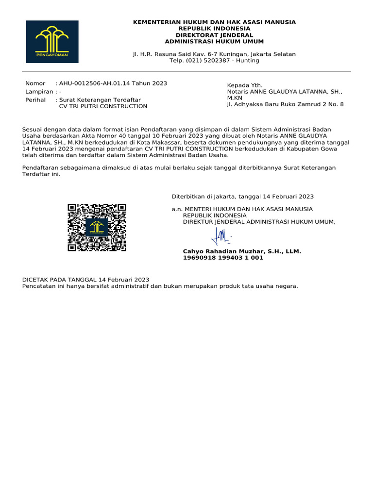 Surat Terdaftar CV TRI PUTRI 2023 | PDF