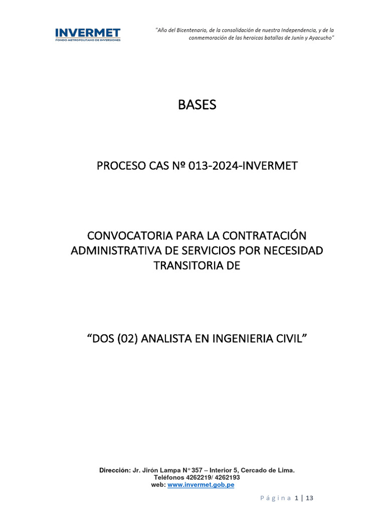 BASES PROCESO CAS N° 013-2024 | PDF | Documento de identidad | Derecho laboral
