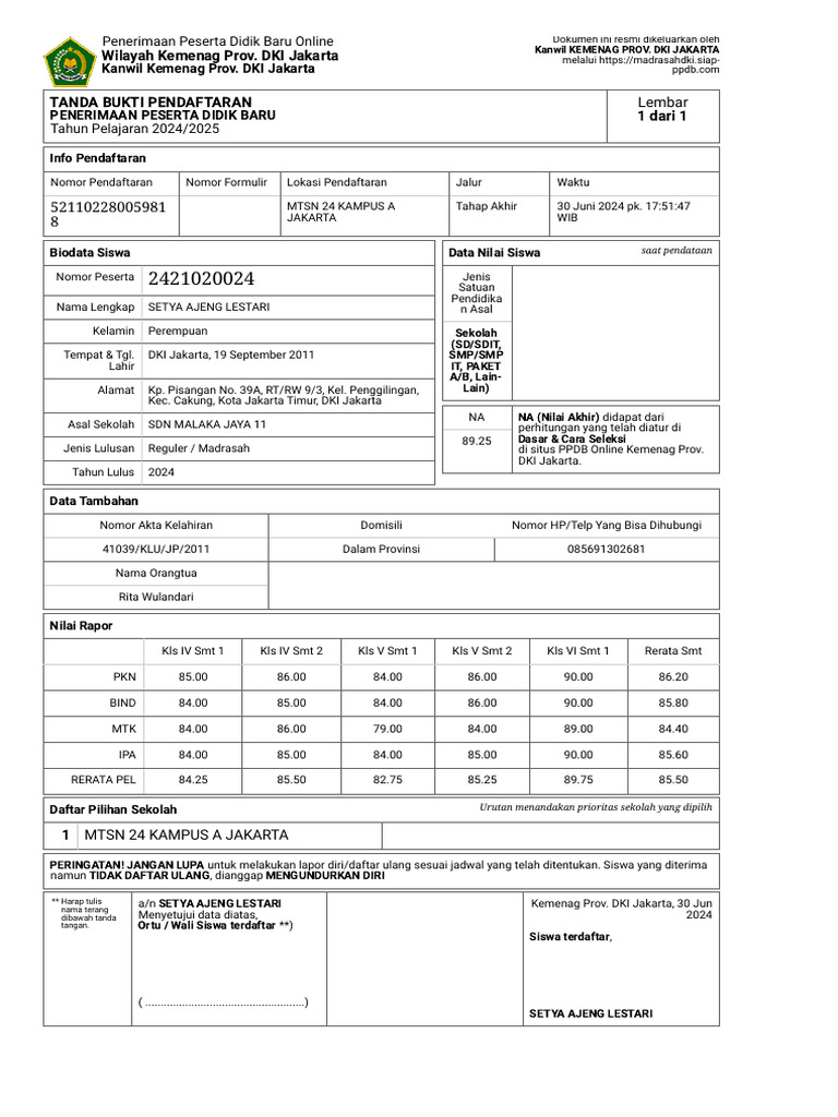 Tanda Bukti Pendaftaran - 2421020024 - SETYA AJENG LESTARI | PDF