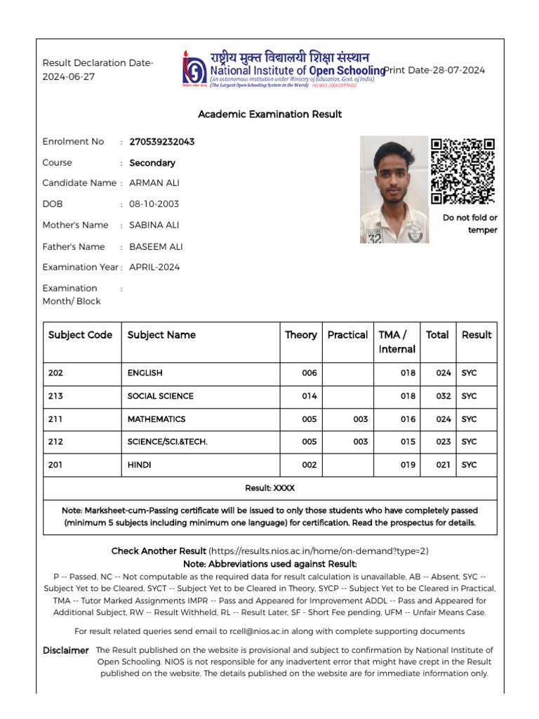 NIOS Secondary Result 2019 Summary | PDF | Science