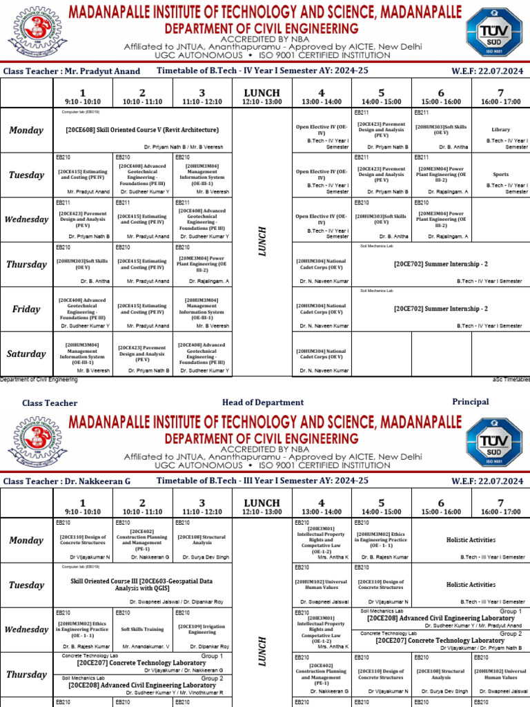 I Sem For AY 2023-24 Time Table | PDF | Science | Engineering