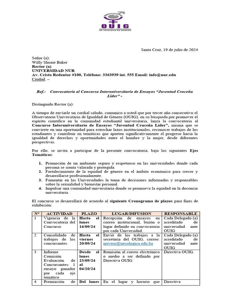 Carta a rector NUR-Convocatoria concurso de ensayos 2024 | PDF