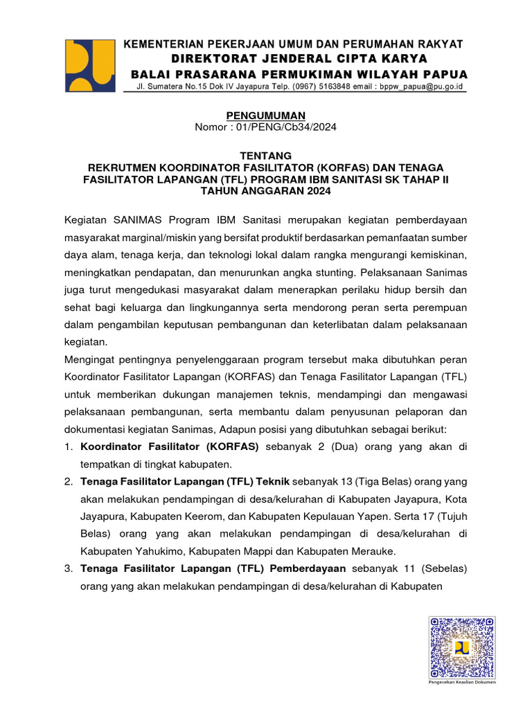 6660238ec3acf PENGUMUMAN REKRUTMEN KOORDINATOR FASILITATOR 2024 WIL 1 2-1 BPPW PAPUA | PDF ...