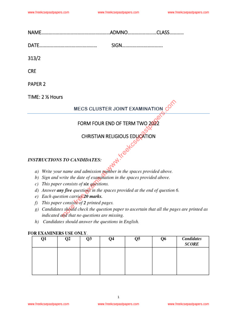2022 Muranga County Mock 313 2 CRE PP2 QS | PDF | Jesus | Canonical Gospels