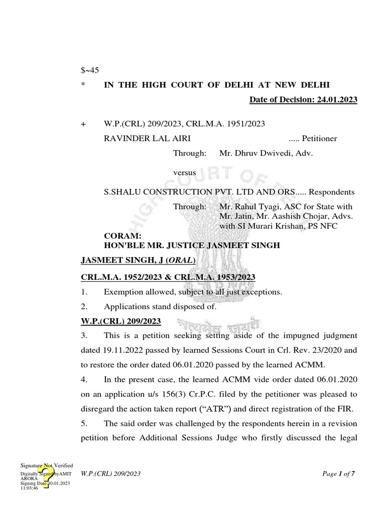 Delhi High Court W.P.(CRL) 209/2023 Decision | PDF | Magistrate ...