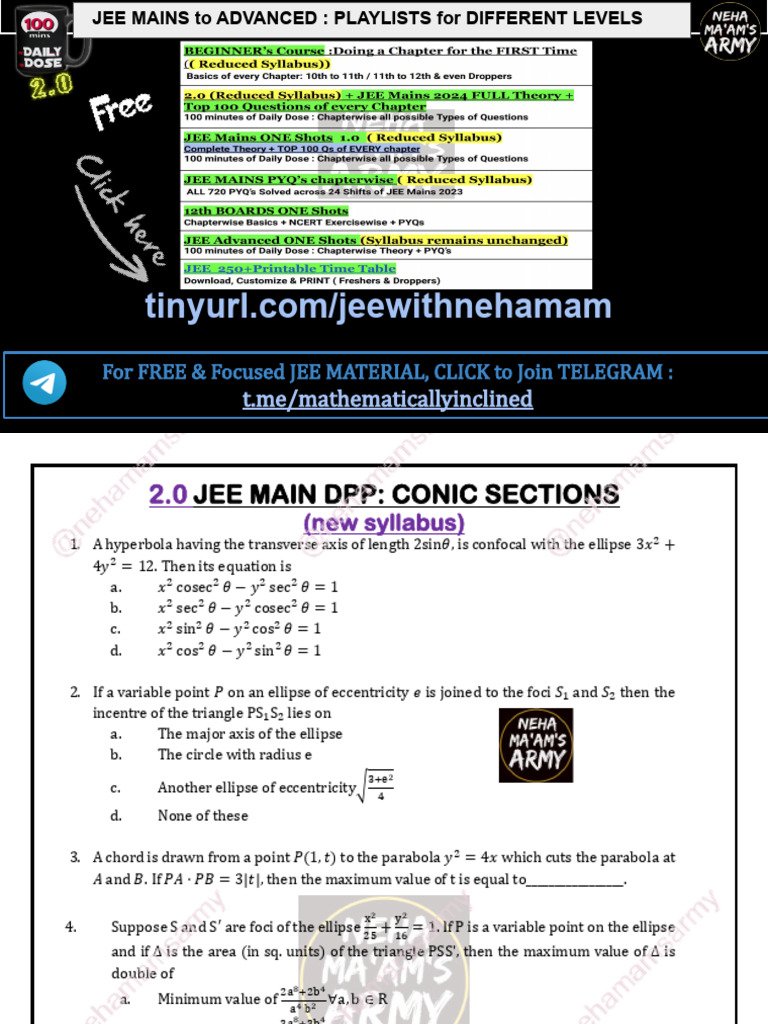 DPP Qs 2.0 CONICS (New Syllabus) | PDF | Ellipse | Analytic Geometry
