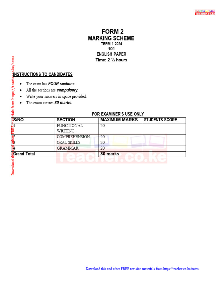 English Form 2 Exam Term 1 Ms Teacher - Co .Ke | PDF | Disciplines