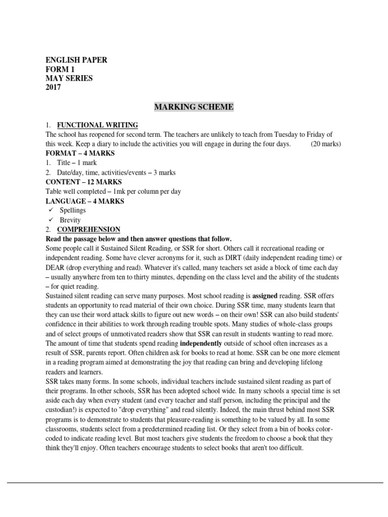 English Marking Scheme Scheme Form 1 Term 3 2017 | PDF | Teachers ...