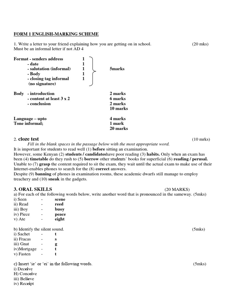 F 1 English Form 1 Marking Scheme Term 2 Exam 2017 | PDF | Linguistics ...