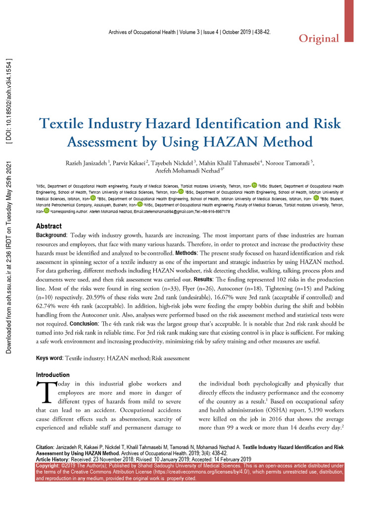 Textile Industry Hazard Identification and Risk As | PDF | Occupational ...