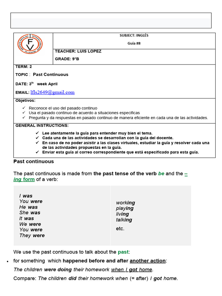 Past Continuous Guide for 9th Grade English | PDF | Linguistic ...