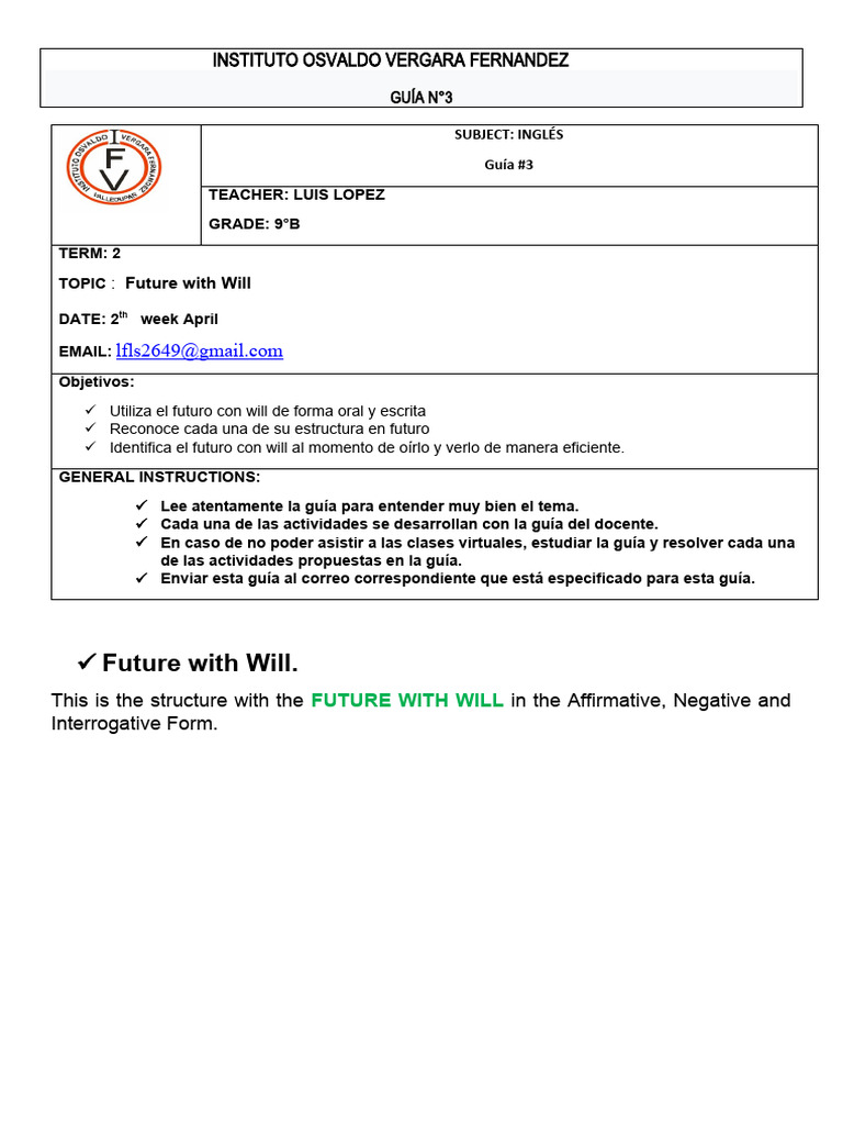 GUIA 4-Grade 9°B - LESSON PLAN - Future With Will | PDF