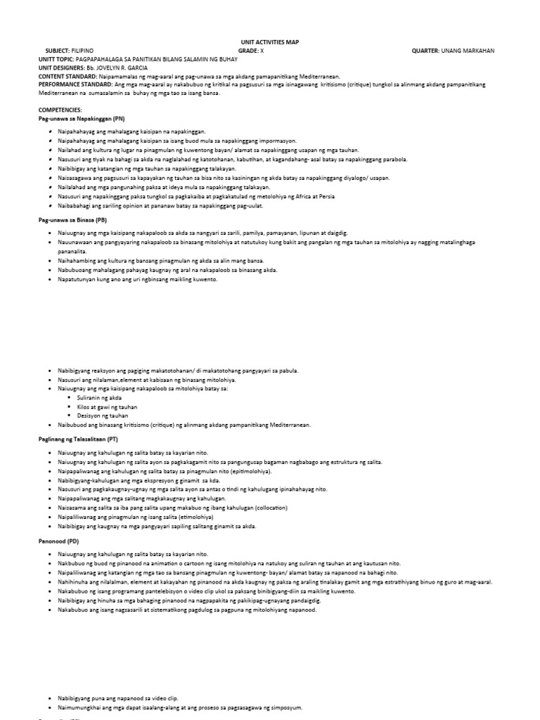 Unit Activities Map 1grade X | PDF