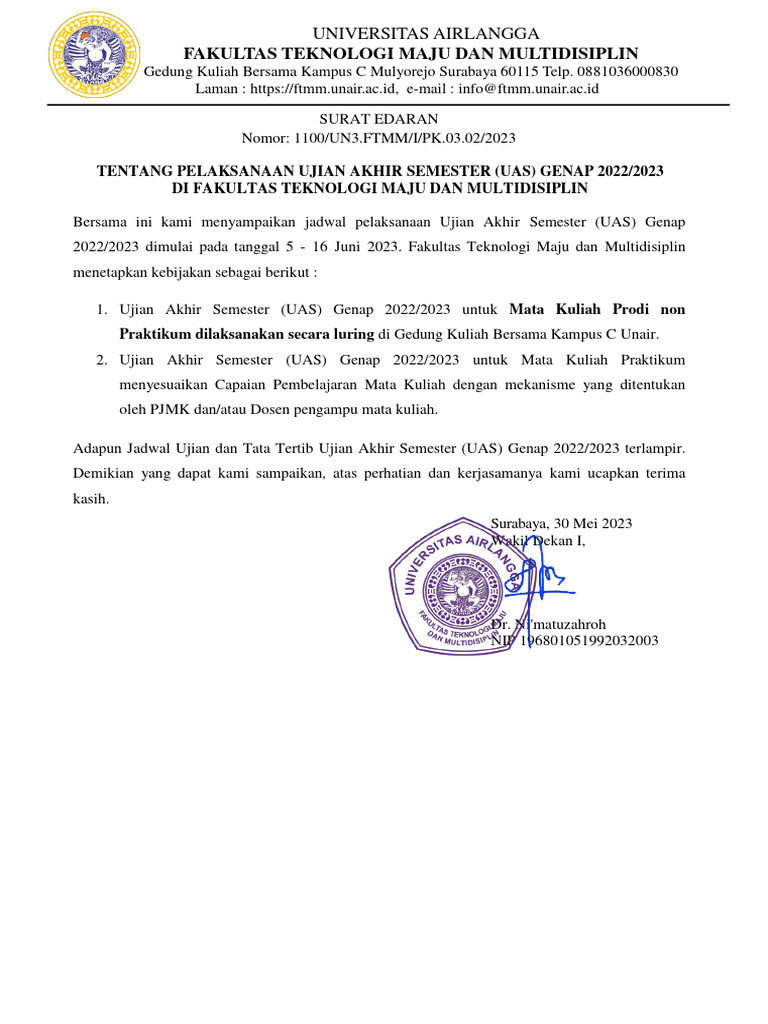 1100 Edaran Pelaksanaan Dan Jadwal UAS Genap 2022-2023 | PDF