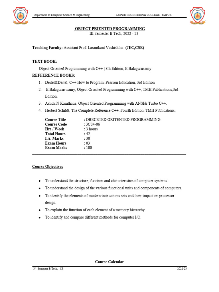 OOP Lecture Plan CSE | PDF | Central Processing Unit | Object Oriented Programming
