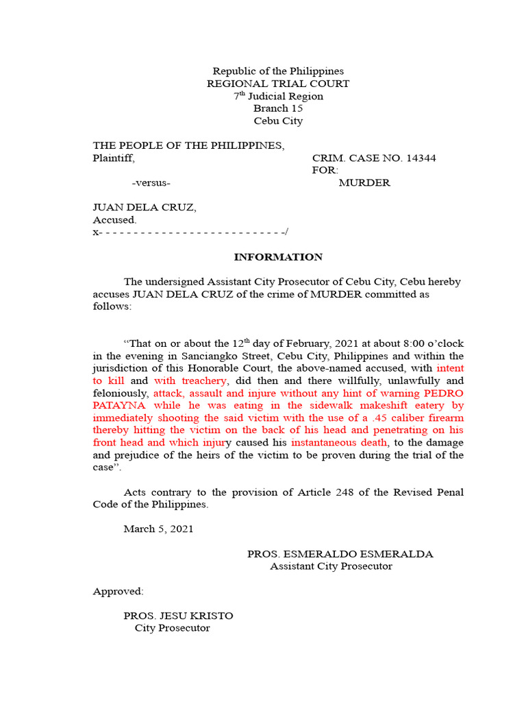 SAMPLE OF AN INFORMATION FOR MURDER | PDF | Murder | Prosecutor
