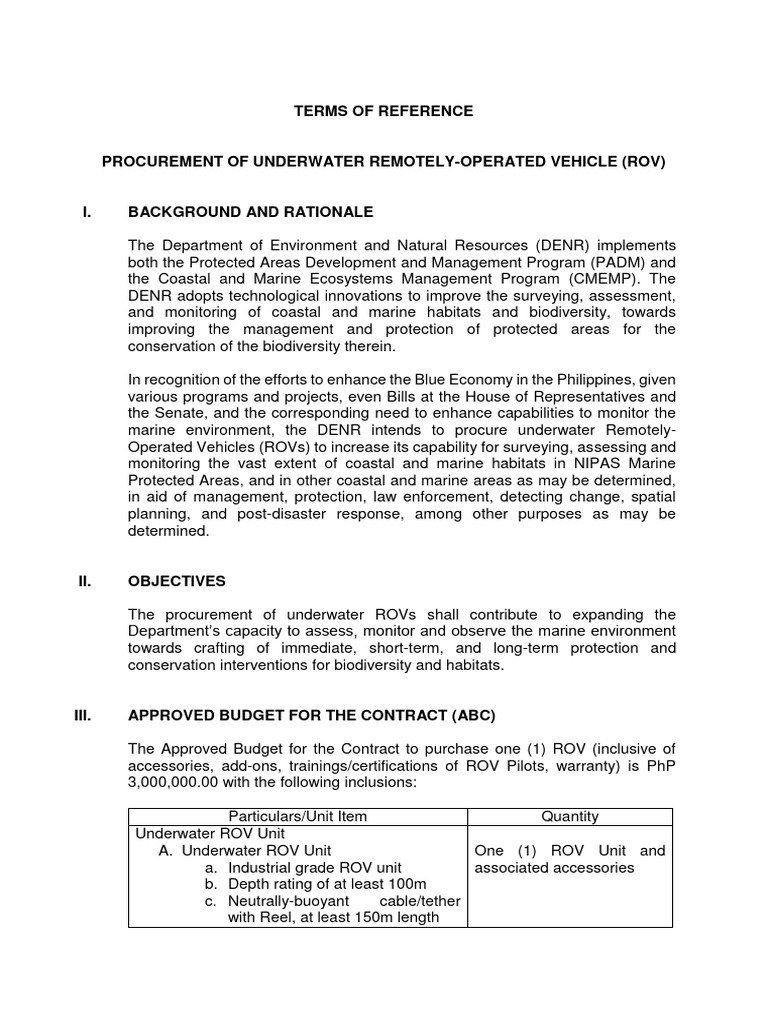 Draft BMB TOR - Procurement of Underwater ROV PHP 3M | PDF | Non ...