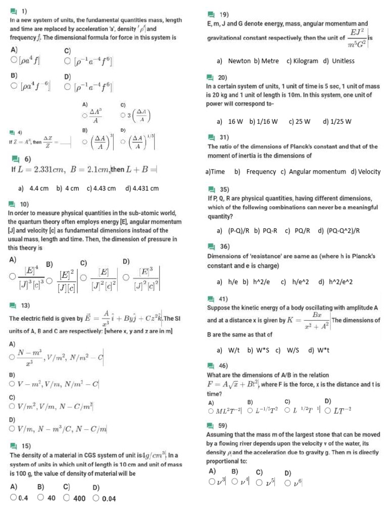 Class 11 Unit & Dimensional Test | PDF | Science & Mathematics