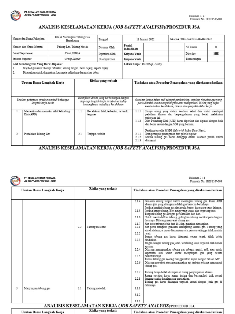 JSA Menangani Tabung Gas Bertekanan | PDF