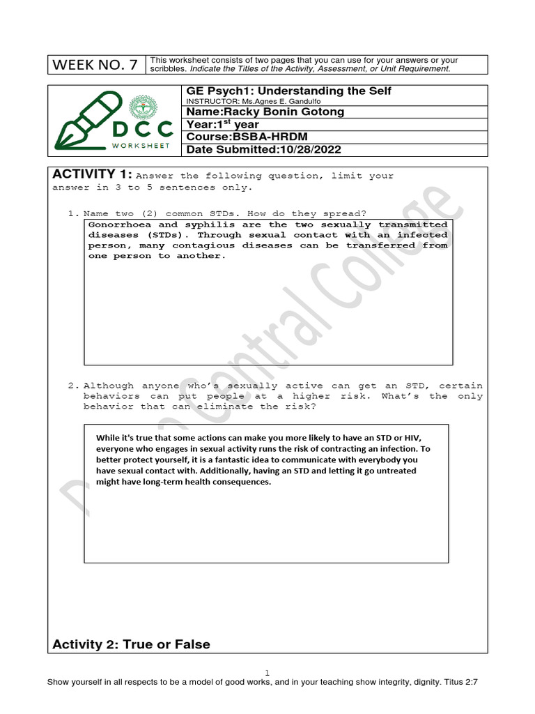 Week 7 Activity Sheet | PDF | Sexually Transmitted Infection | Epidemiology