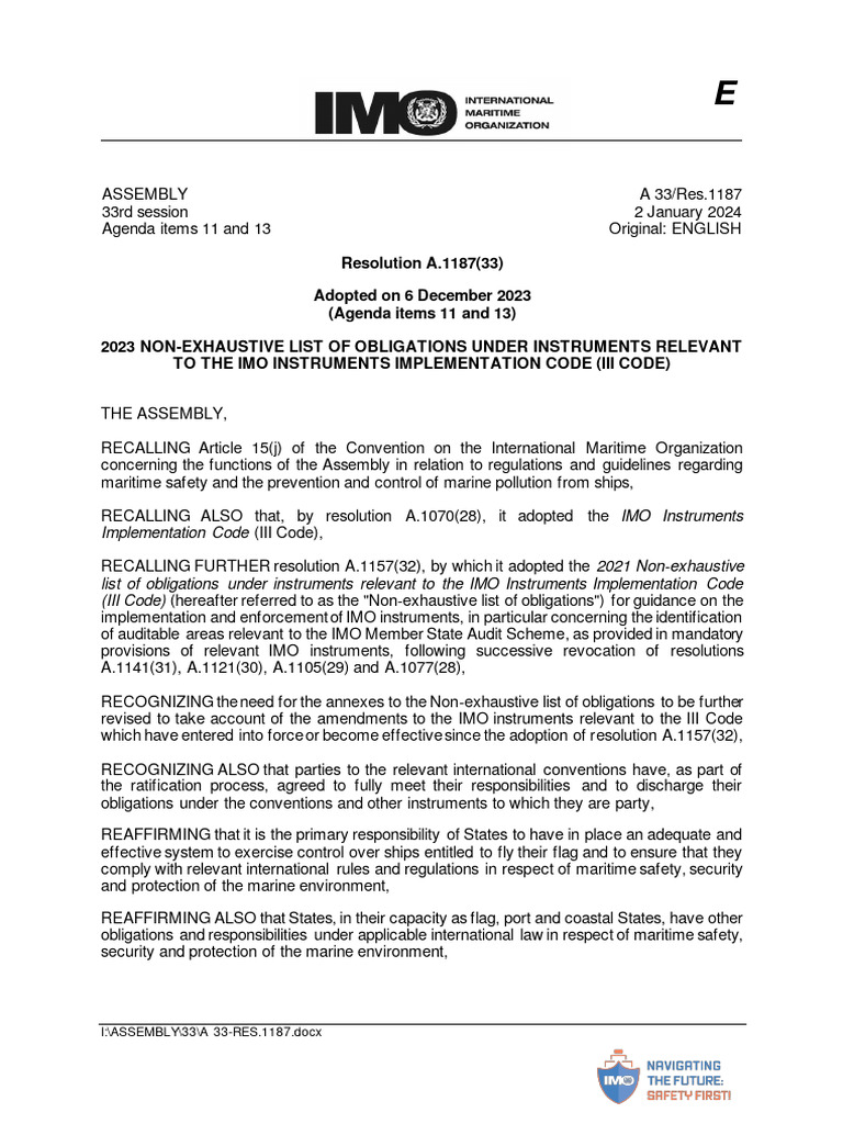 A 33-Res.1187 - 2023 NON-EXHAUSTIVE LIST OF OBLIGATIONS UNDER INSTRUMENTS RELEVANTTO THE IMO ...