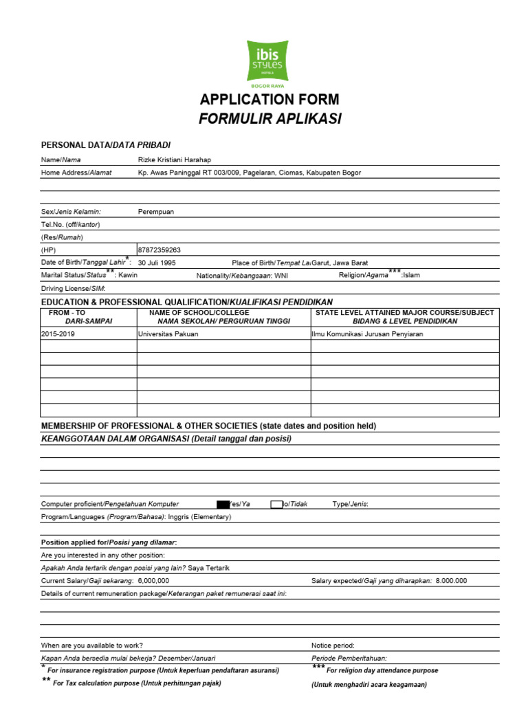 Application Form - English Bilingual ISBR - RIZKE | PDF