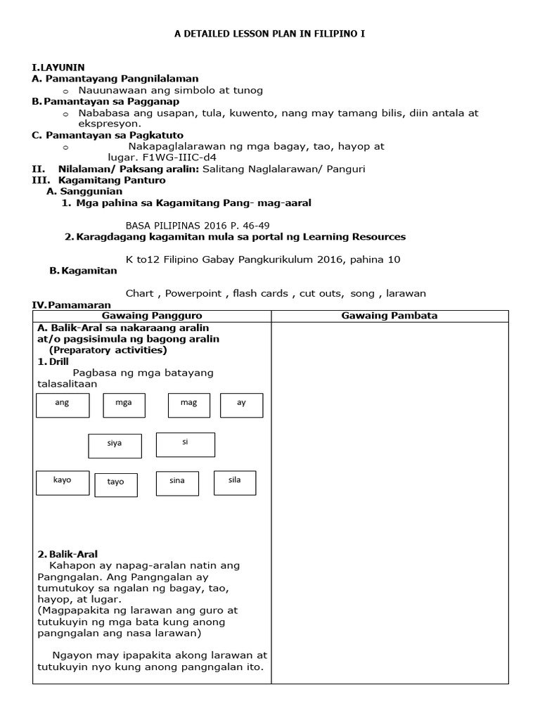 Ilide - Info Lesson Plan in Filipino 1 PR | PDF