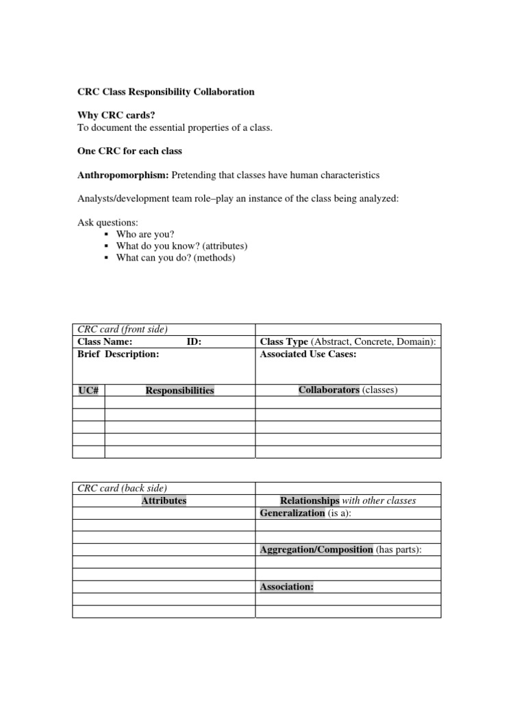 Template CRC Cards Class Responsibility Collaboration - G | PDF ...