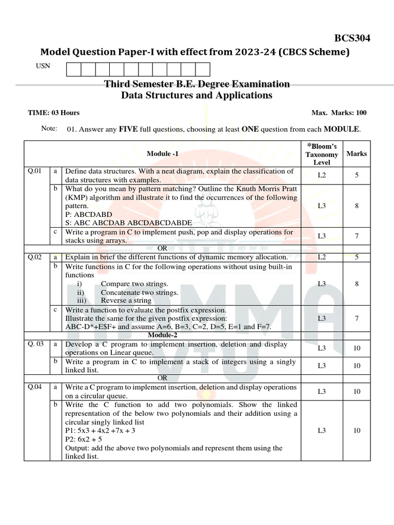 BCS304 Data Structures Model Paper 2023 | PDF | Queue (Abstract Data Type) | Pointer (Computer ...
