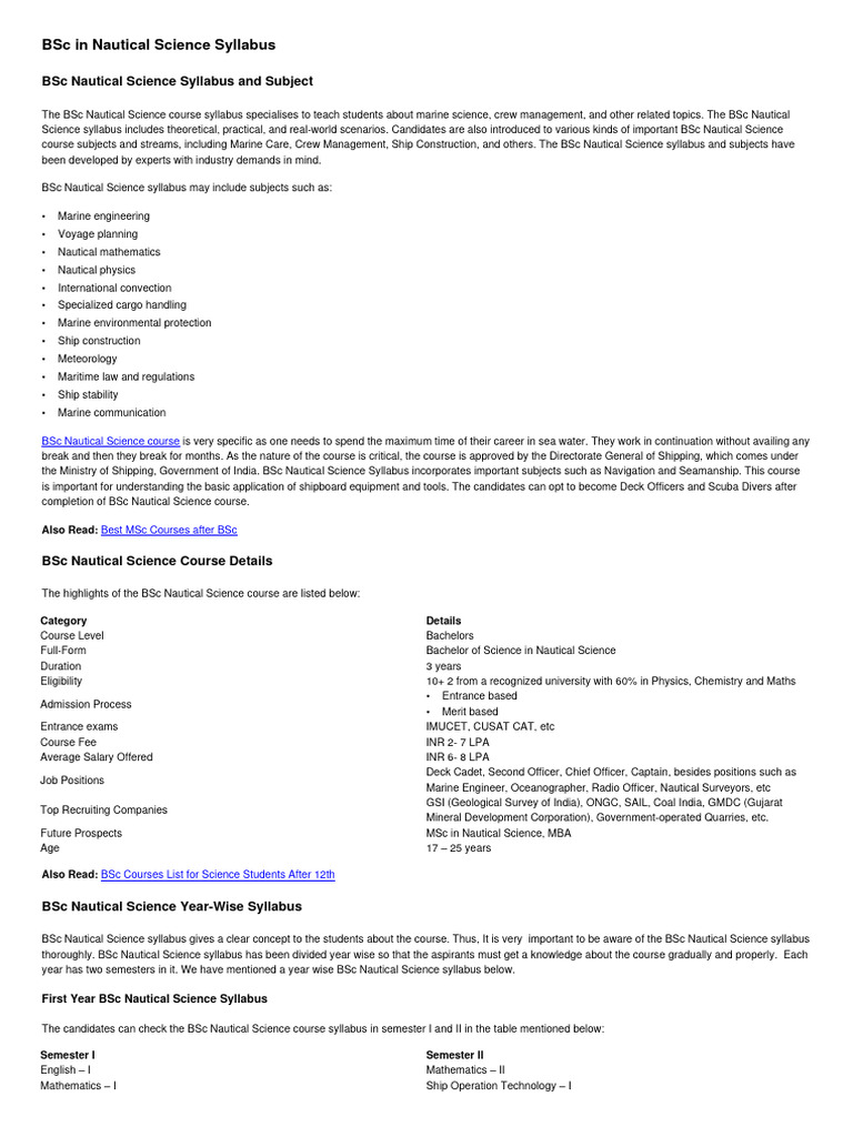 BSc Nautical Science Course Syllabus | PDF