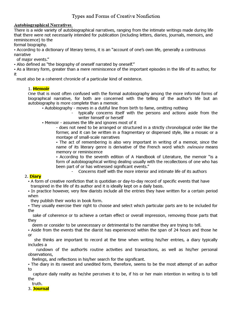 Types and Forms of Creative Nonfiction - 091726 - 094202 | PDF | Essays ...