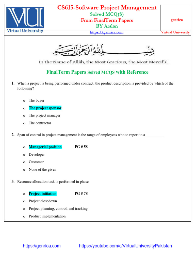 CS615 - FinalTerm MCQs With Reference Solved by Arslan | PDF | Project Management | Systems ...