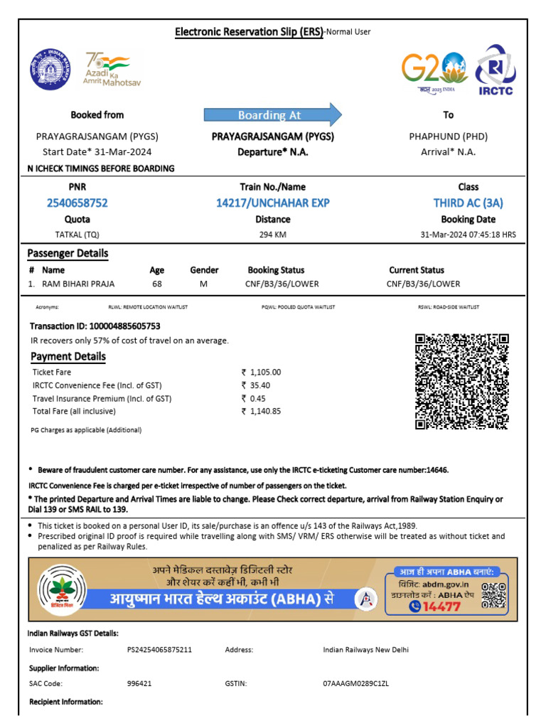 14217/UNCHAHAR EXP Third Ac (3A) | PDF | Identity Document