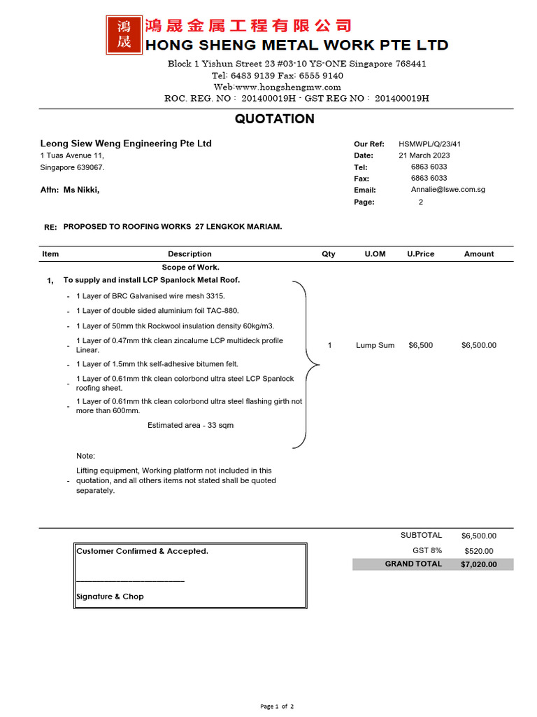Roofing Installation Quotation | PDF