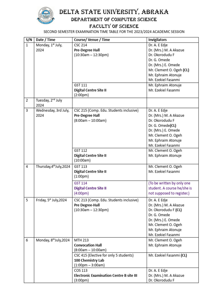 FINAL UPDATED Departmental Examination Timetable 2023 - 2024 - 2ND ...